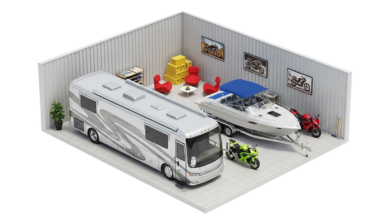 A rendering of a high-end storage unit or warehouse space, utilizing a ...